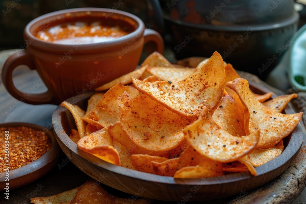 Fried tapioca chips with spice and Indian milk tea Popular tea time ...