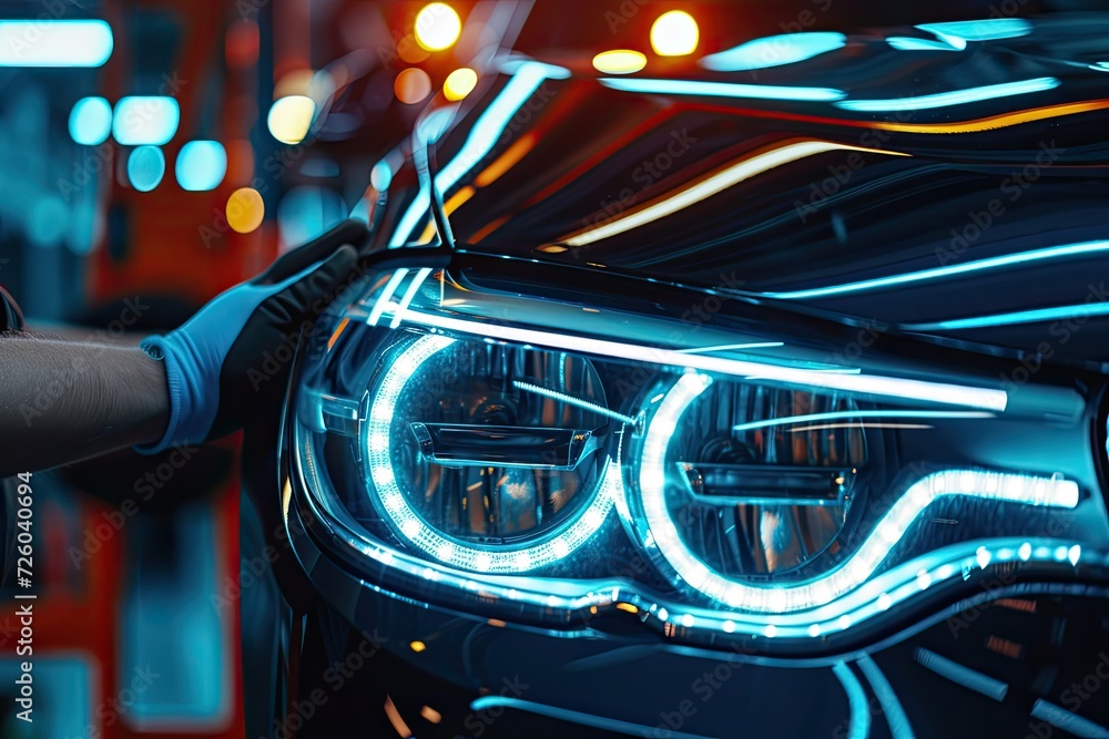 Installing LED lenses in car headlights for optical restoration Stock ...