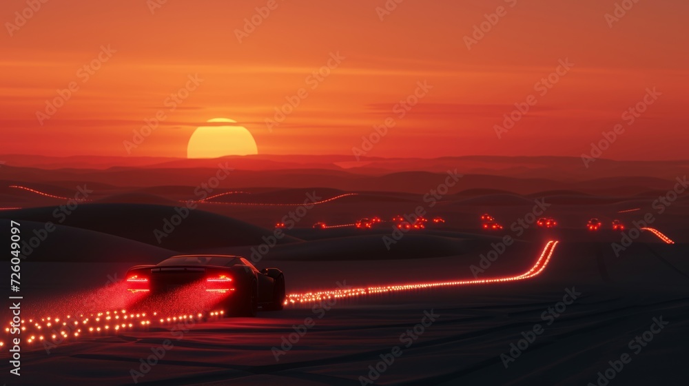 As the sun dips below the horizon the cars continue on their journey ...