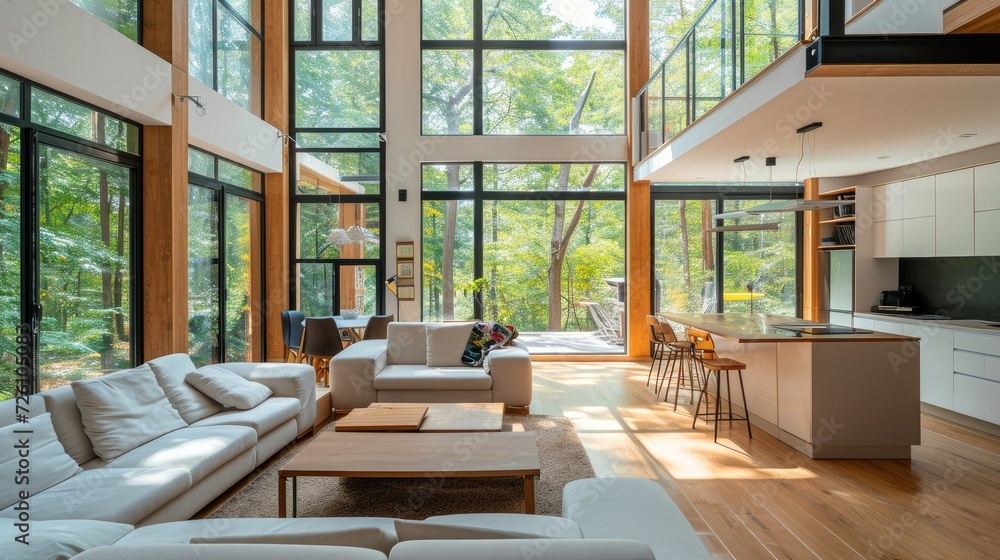 Interior view of a modern eco home with large windows for natural light ...