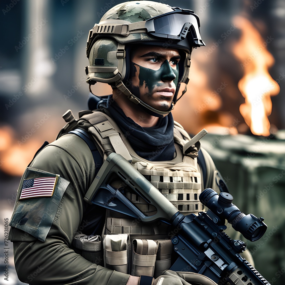 Male US military operator leader holding RPG, green face paint, full ...