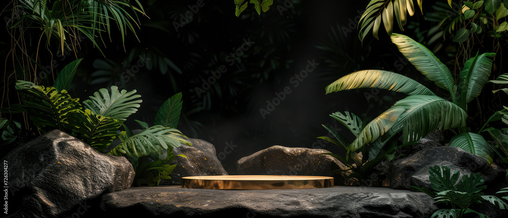 Stone platform, podium with gold, steam or smoke, on dark jungle ...