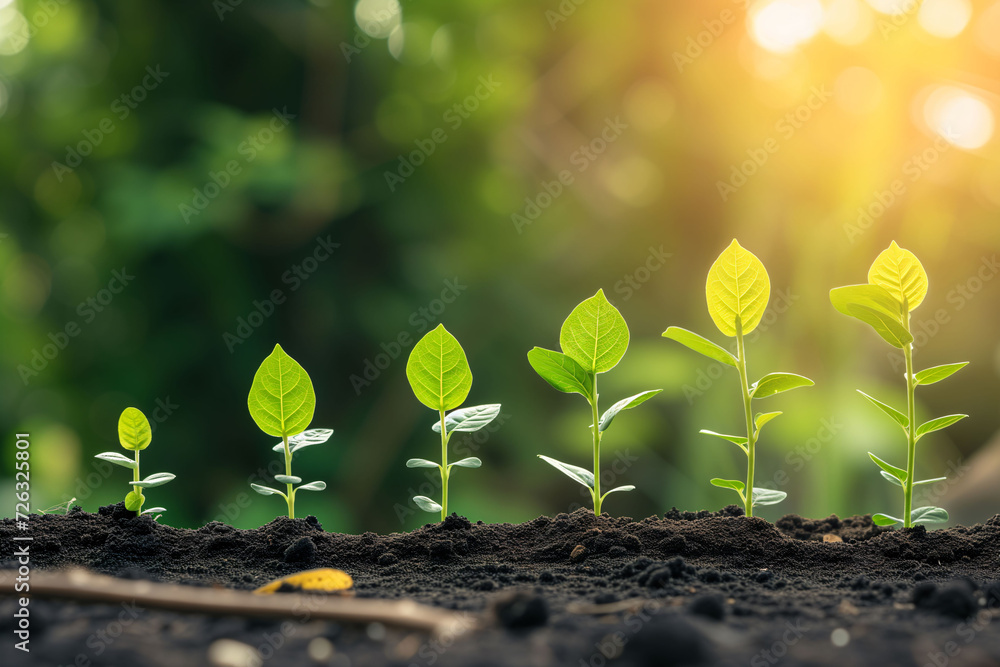 Progressive stages of plant growth, illuminated by sunlight, depicting ...