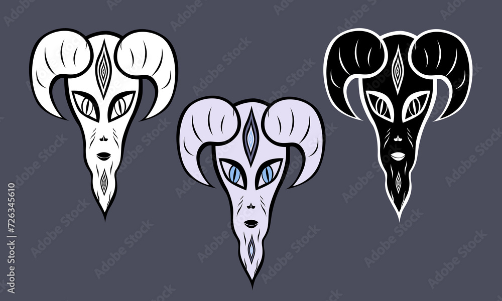 Multicolored and black and white vector drawing of zodiac Aries, magic ...