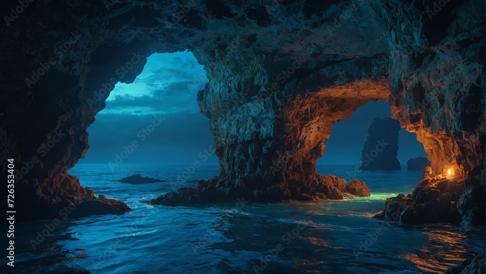 A mysterious ocean cave entrance at twilight, bioluminescent organisms casting an ethereal glow ...