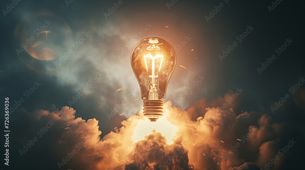 Surreal Enlightenment, Light Bulb Blasting Off as a Rocket amidst a ...