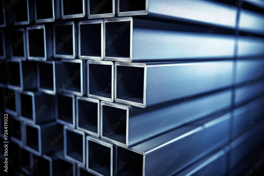 metal pipes of square cross-section, which are stacked in a large ...