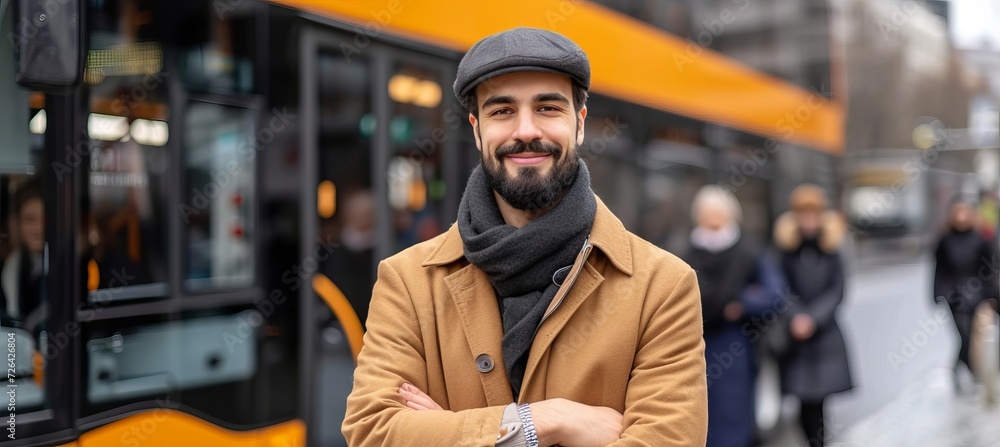Friendly bearded bus driver standing proudly in front of his bus with ...