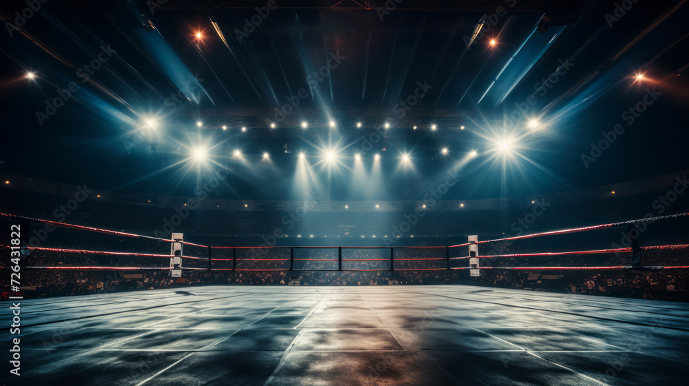 Empty Boxing Ring Under Spotlight in Arena with Illuminated Lights and ...
