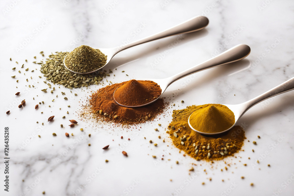 Still life of three silver spoons spilling over with curry powder ...