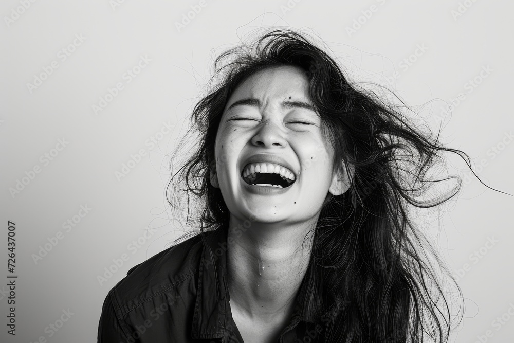 A joyous woman revels in the moment, her face alive with a toothy smile ...