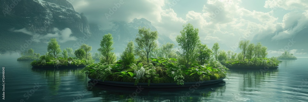 Nomadic floating islands with ecosystems for endangered species Stock ...