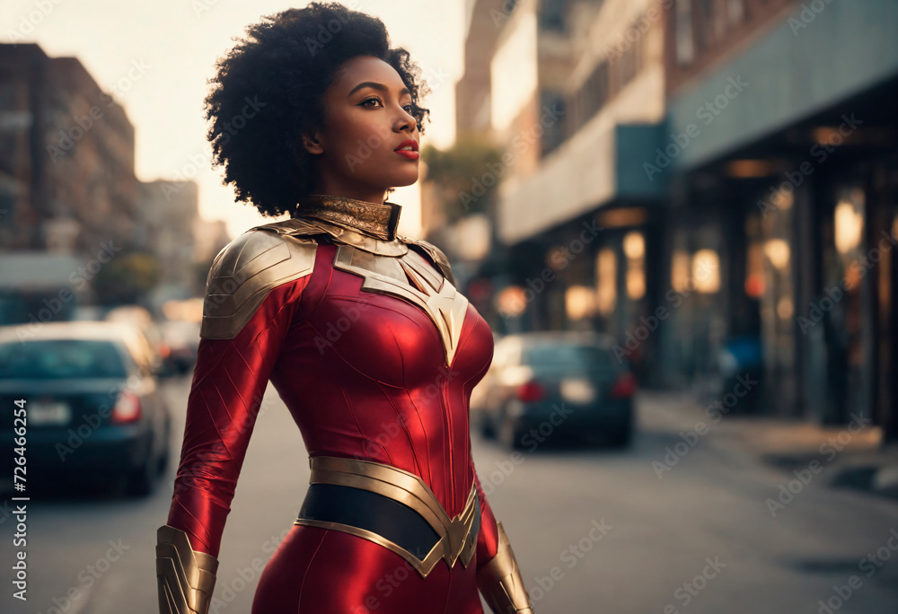 A woman dressed in a bright red superhero costume Stock Photo | Adobe Stock