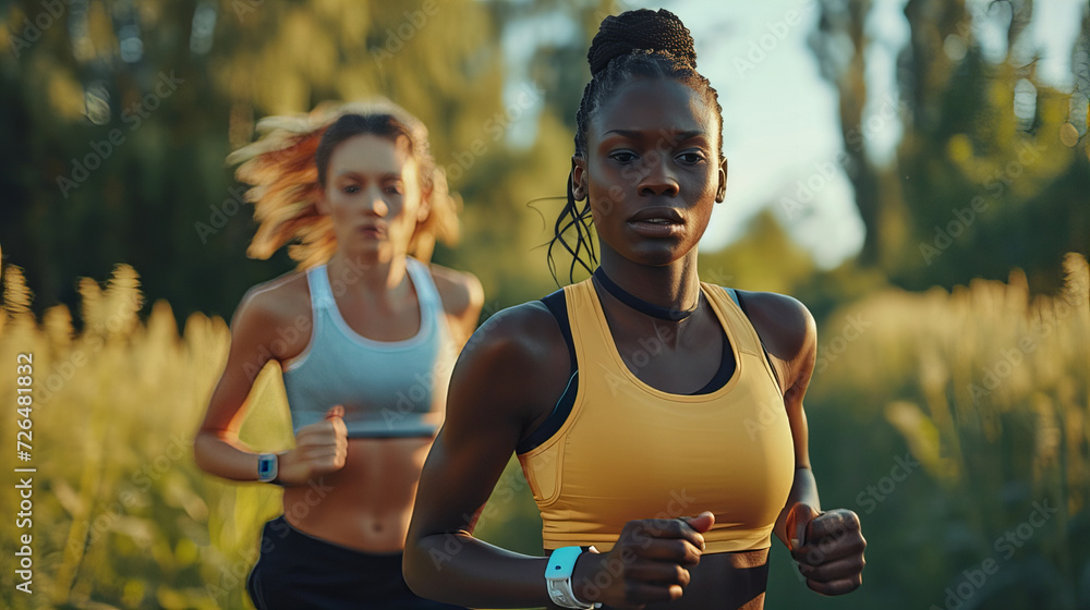 Group of young women of different ethnicities running together in a ...