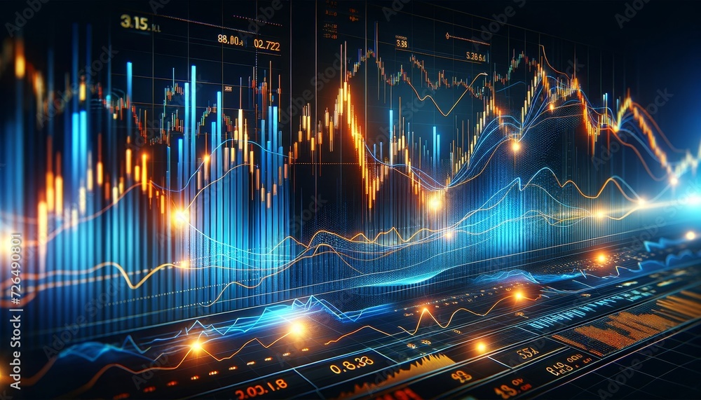 dynamic and detailed stock market data visualization with glowing digital graphs, bars, and ...