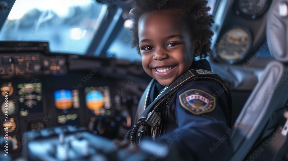 Happy Kid as Airplane Captain joyful child dressed in a pilot suit ...