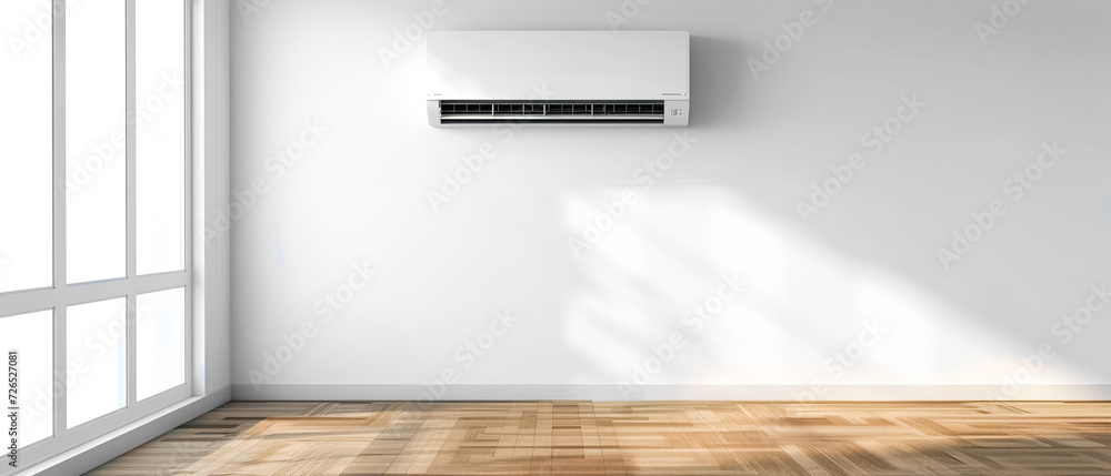 Air conditioner in an empty room with white wall and window, White ...