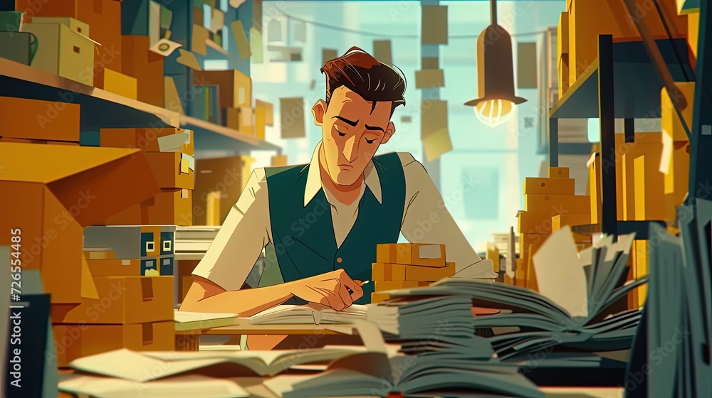 An animated portrayal of a focused accountant diligently working ...