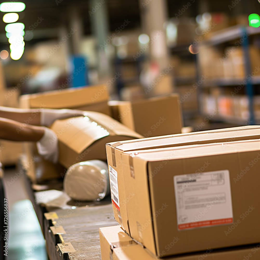 A photograph of a worker packing goods in a warehouse setting, with ...