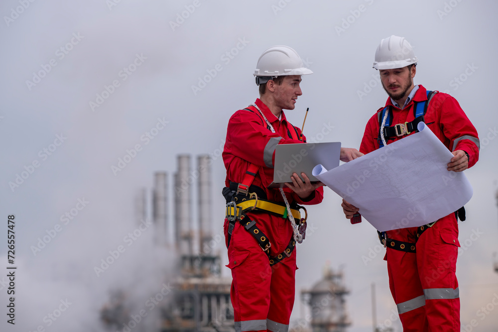 Engineer survey team wear uniform and helmet stand workplace checking ...