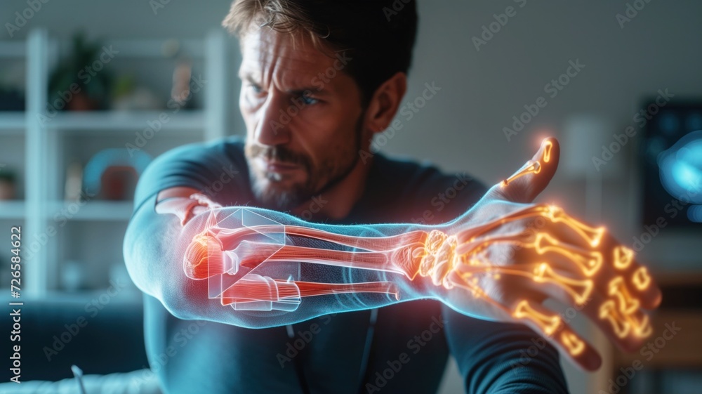 man with a virtual arm overlay highlighting muscles and bones ...