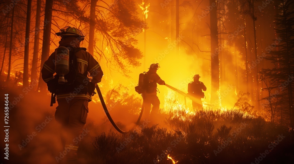 Firefighters fighting a forest fire, one of whom is pointing a hose ...