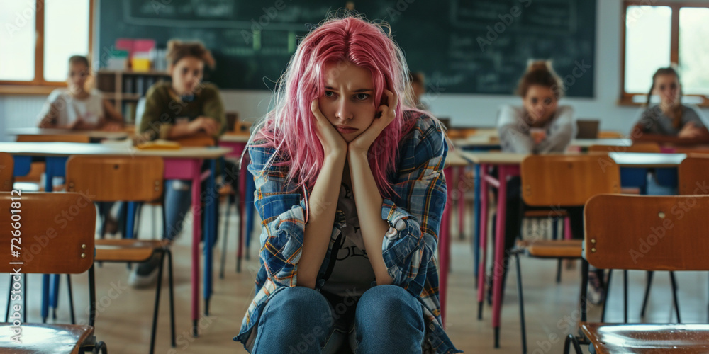 Groupmates bullying at sad girl with pink hair in school classroom ...