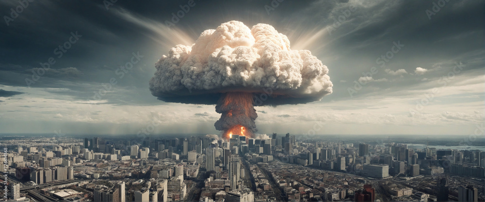 big nuclear explosion mushroom cloud effect over city skyline for apocalyptical aftermath of ...