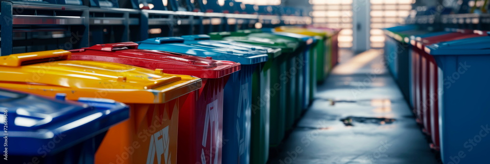 Waste recycling center background with labeled containers for different ...