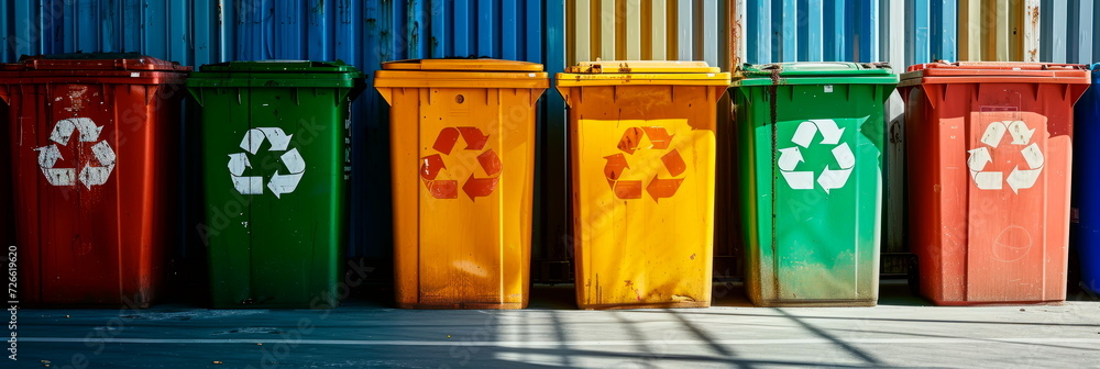 Waste recycling center background with labeled containers for different materials, waste sorting ...