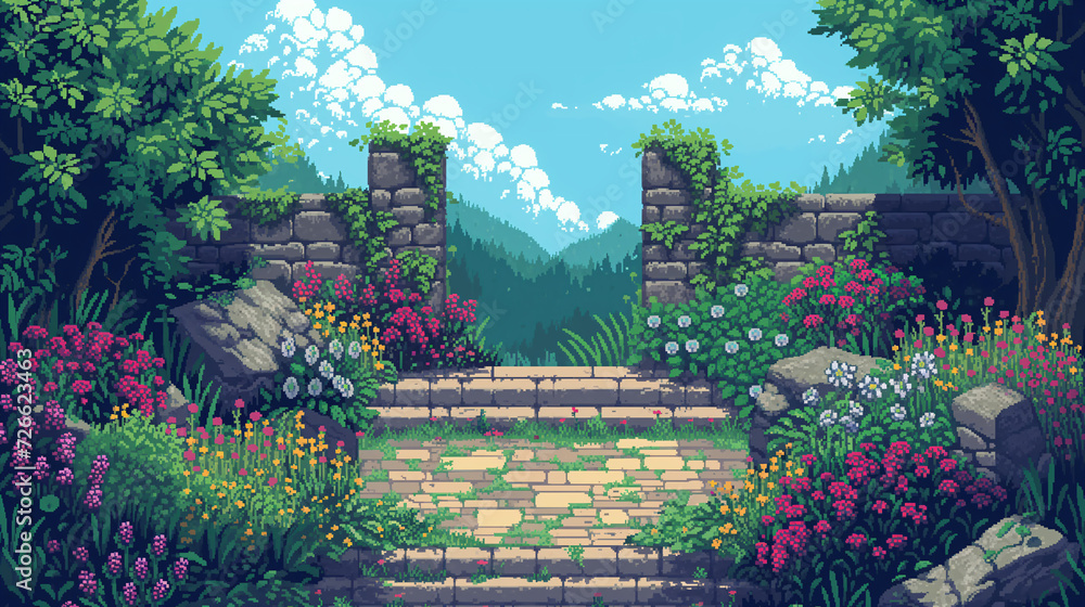 pixel art of flower garden dungeon background battle scene in RPG old ...