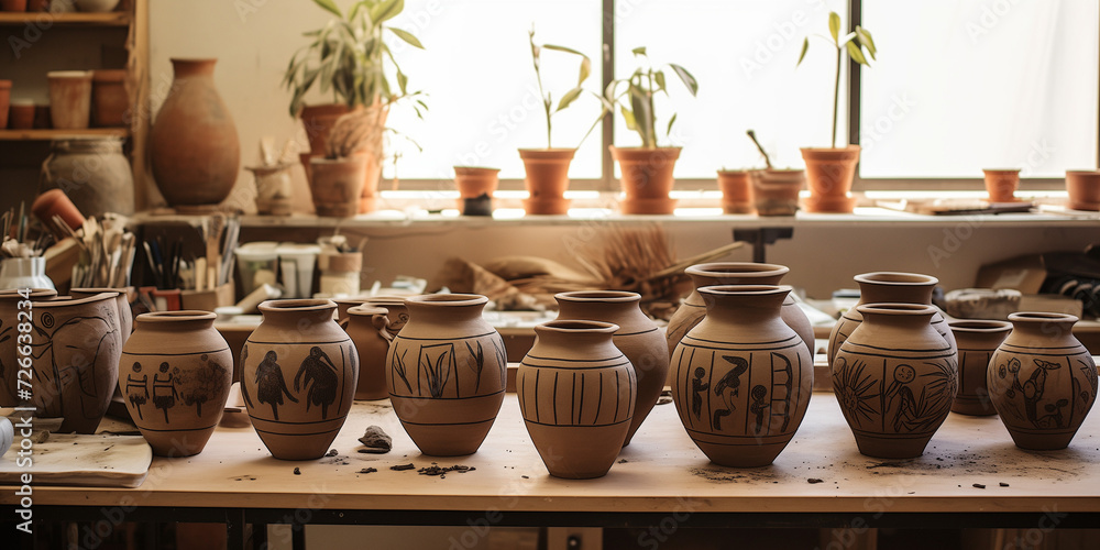 Vintage, Unique handmade vases. Ceramic clay pots arranged for sale ...