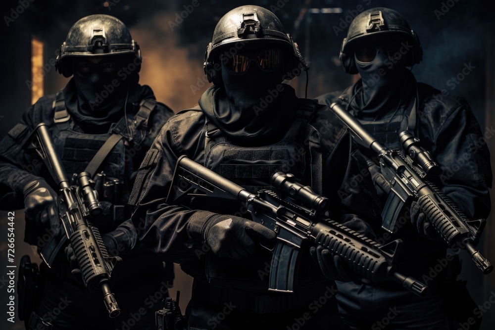 A group of soldiers holding guns, ready for action, Three soldiers in ...