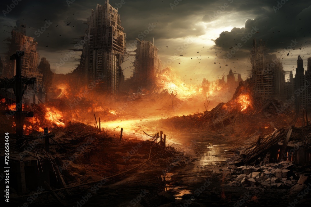 A city is in chaos as a raging fire engulfs numerous buildings ...
