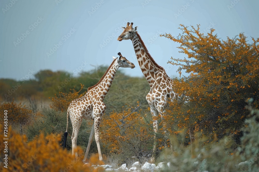 Two majestic giraffes tower over the savanna, their graceful forms ...