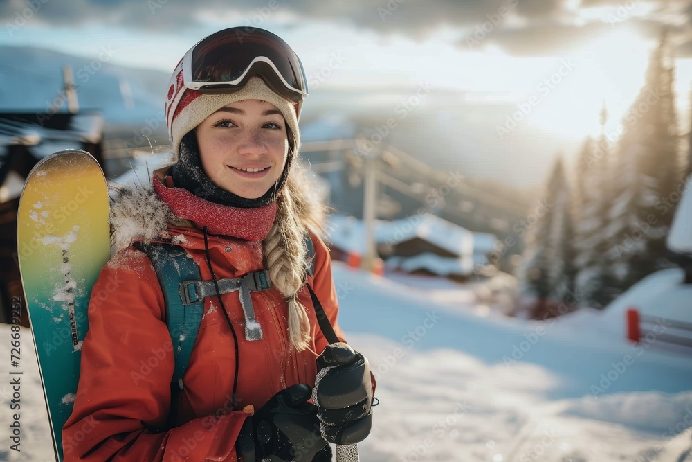 Braving the winter elements with a confident smile, a woman stands ...