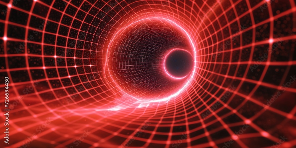 Abstract red grid tunnel or wormhole, futuristic 3d portal. Cosmic ...