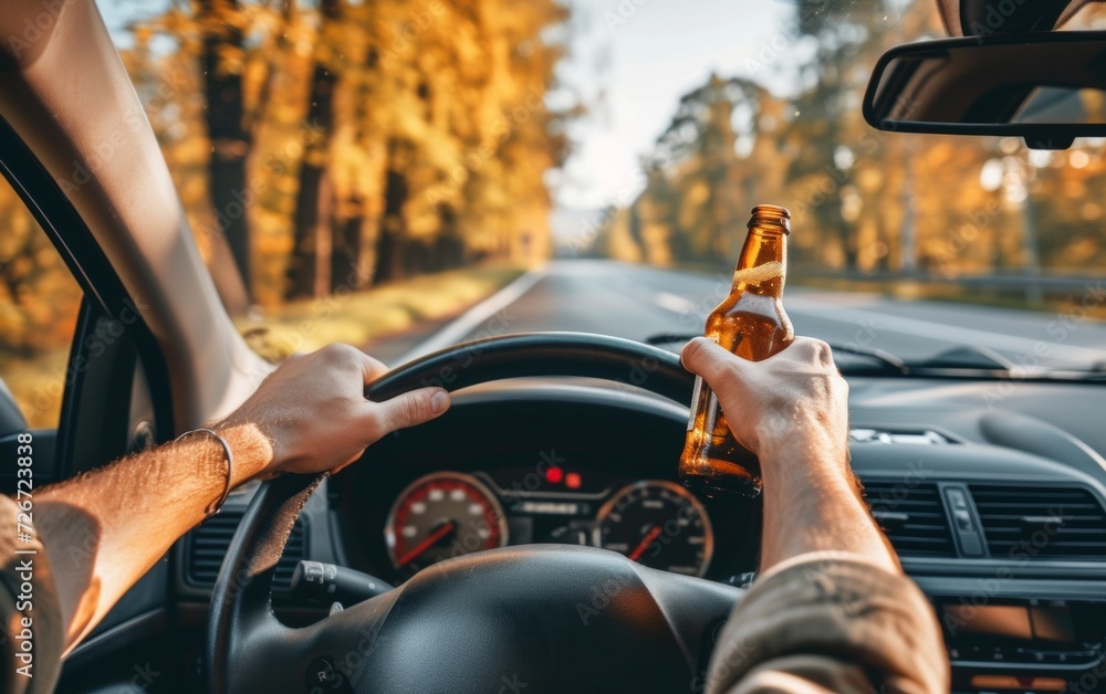 Man driving a car while dangerously holding a beer bottle, depicting ...