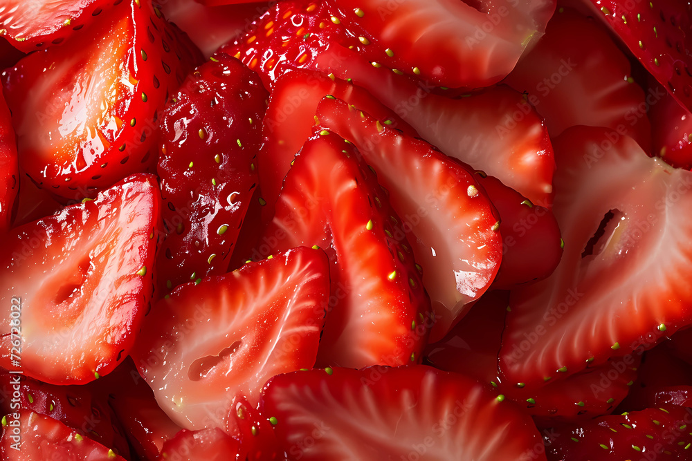 Hyper-realistic macro photo, each succulent slice of strawberry is ...