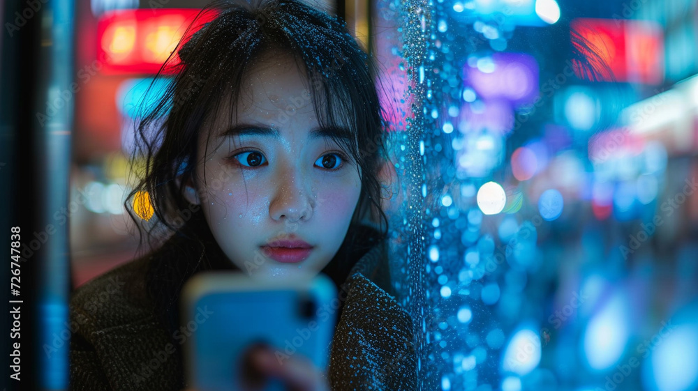 Teenage girl sitting by the bus window which looks like big screen ...