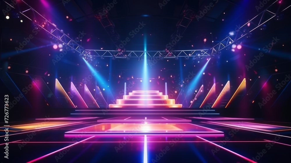Colorful modern futuristic concert stage with dynamic neon illumination ...