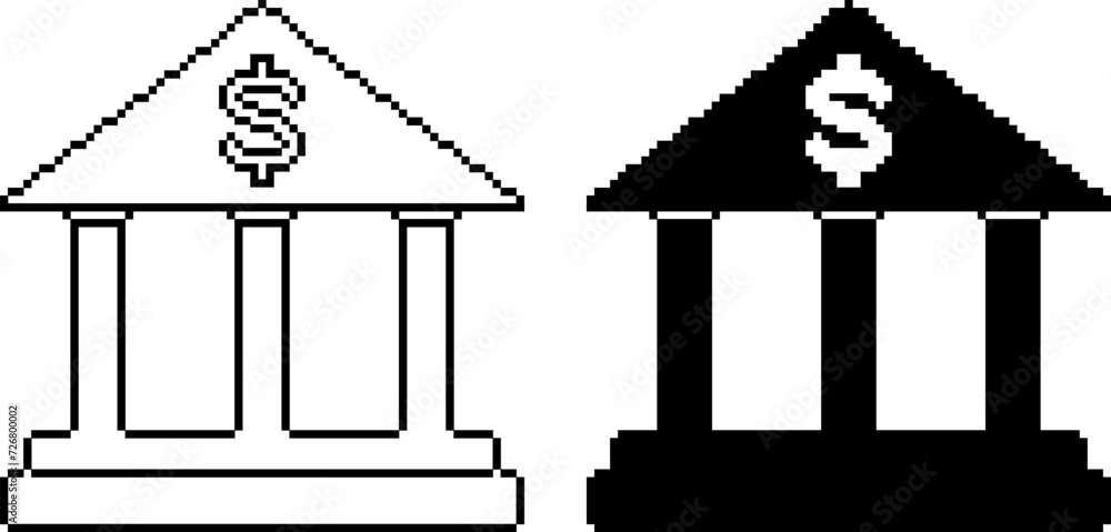 black white pixel art Bank Building icon set Stock Vector | Adobe Stock