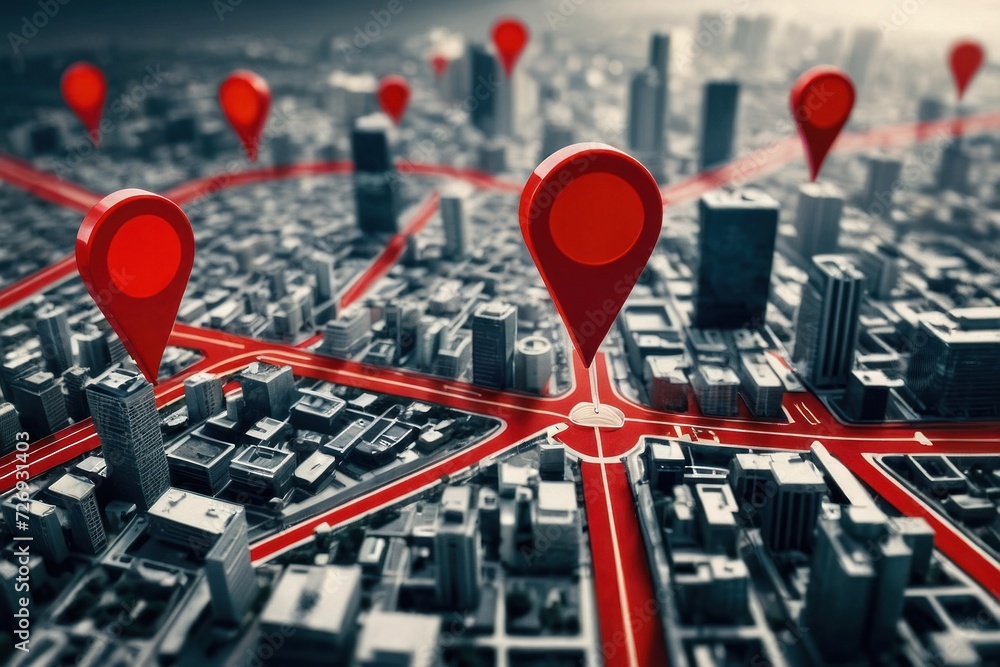 City map with symbols shown Red location on the air. Concepts, networks ...