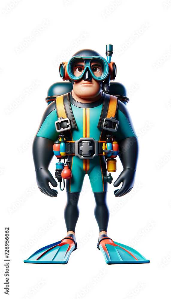 3D cartoon diver. Full-length diver Stock Illustration | Adobe Stock