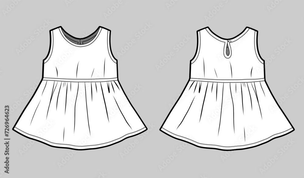 Young girl dress CAD, fashion flat template. Fashion technical ...