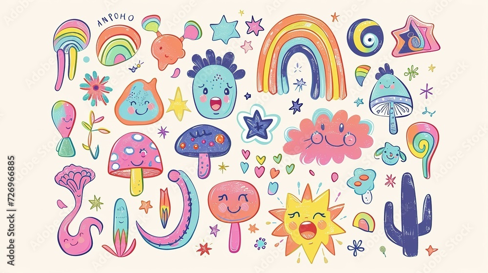 Set of funky groovy element vector. Collection of cartoon characters ...