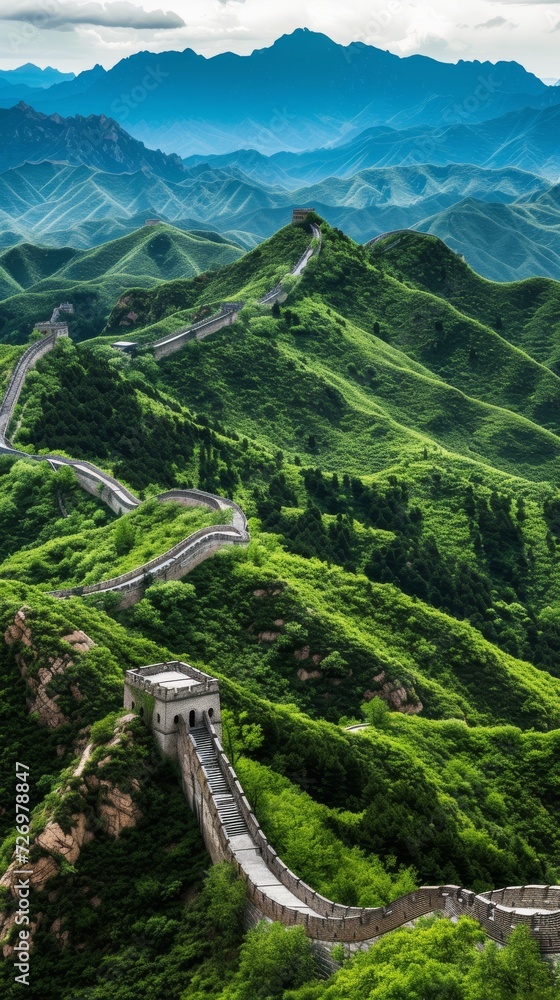 The image shows the Great Wall of China winding through lush green ...