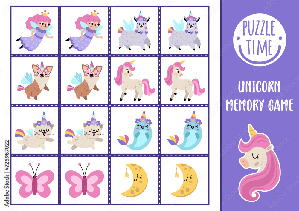 Vektor Vector unicorn memory game cards with cute animals with horns ...