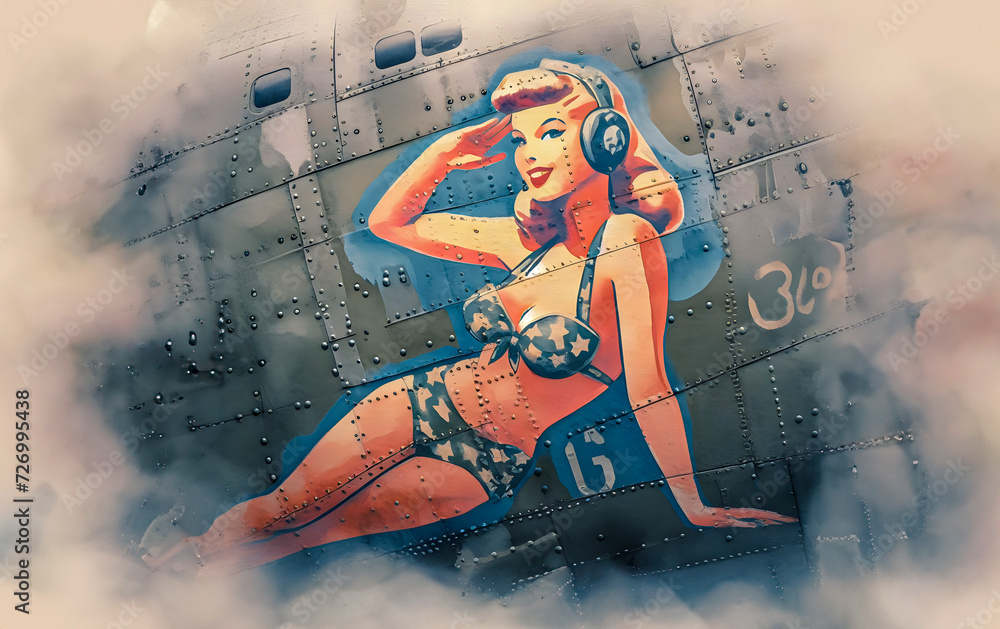 Water colour Illustration of vintage World War 2 Bomber Nose Art Pinup girl saluting and wearing ...