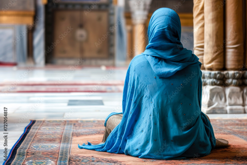 Prayer, islam and worship with woman in mosque, holy quran and ...